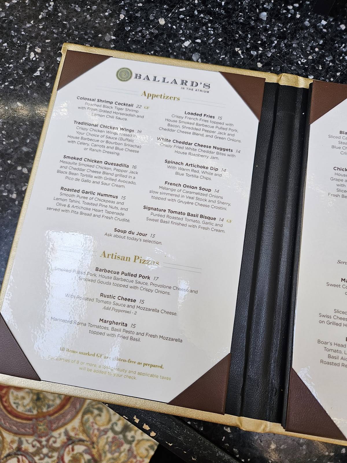 Menu at Ballard's in the Atrium restaurant, West Baden Springs, W Baden Ave