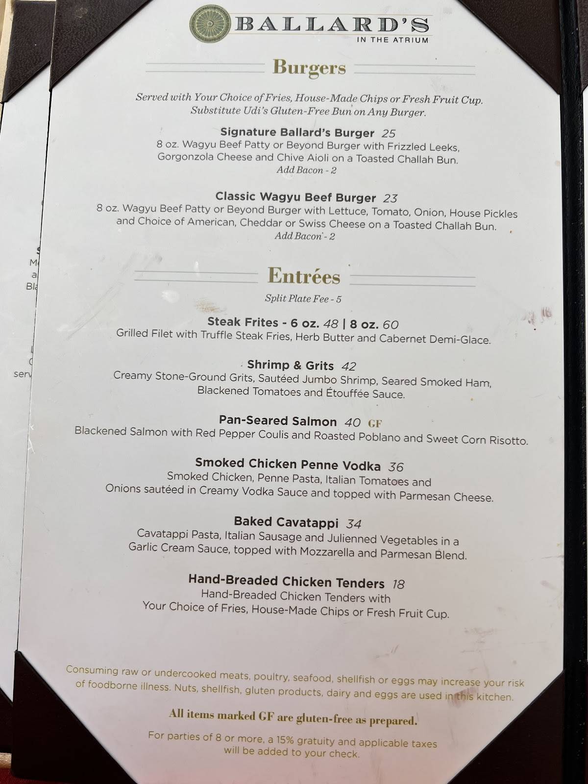 Menu at Ballard's in the Atrium restaurant, West Baden Springs, W Baden Ave