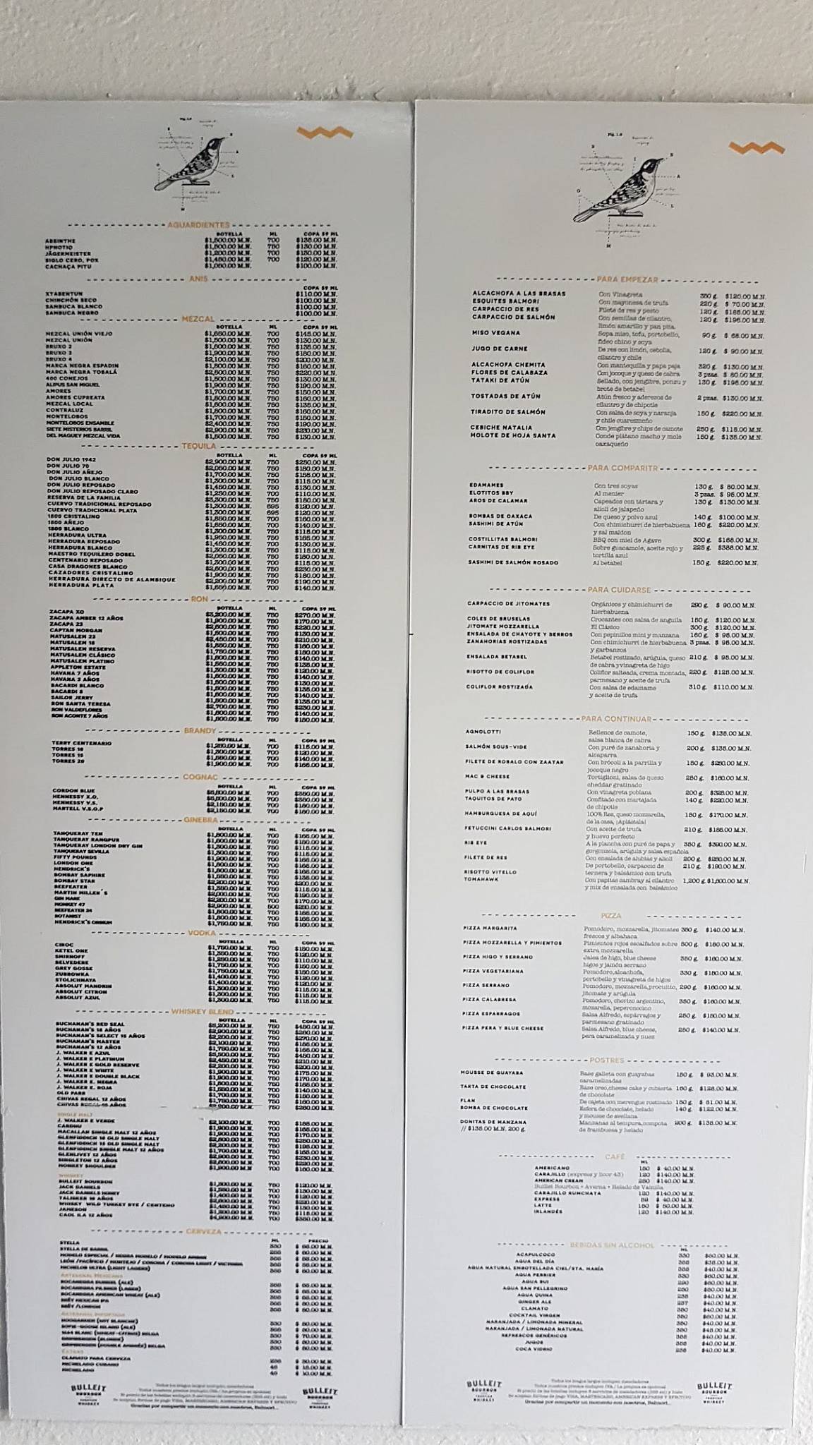 Carta del pub y bar Balmori Rooftop, Ciudad López Mateos