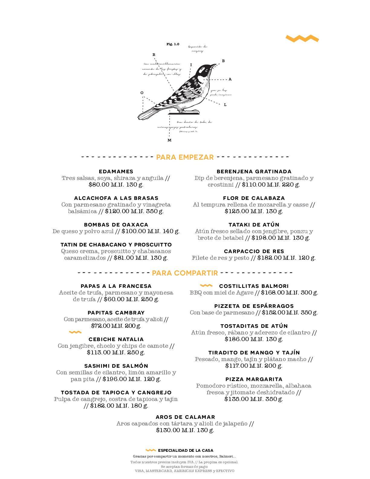 Carta del pub y bar Balmori, Ciudad del México