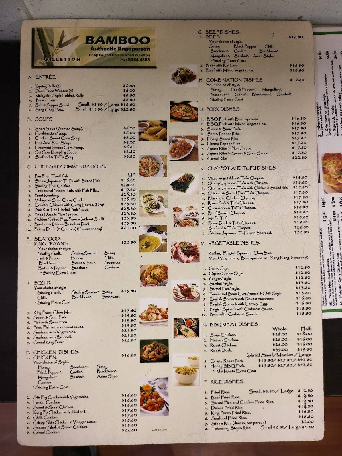 Menu at Bamboo Authentic Singaporean fast food, Willetton