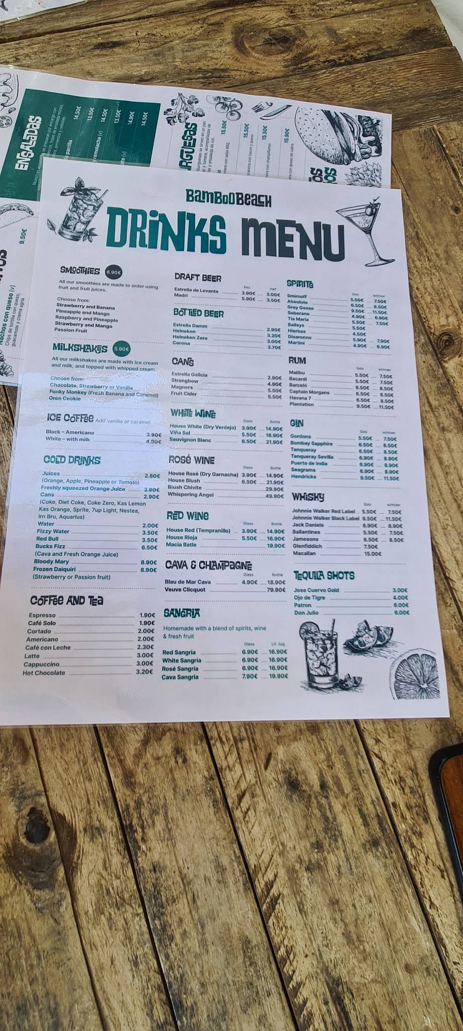 Menu at Bamboo Beach bar, Palmanova