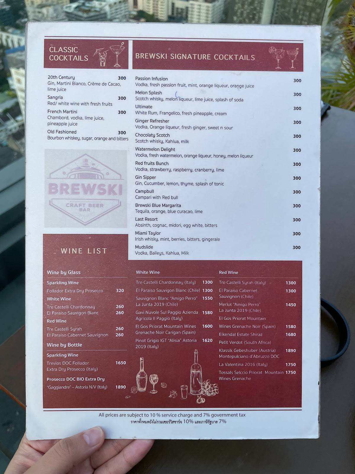 Menu at Brewski pub & bar, Bangkok