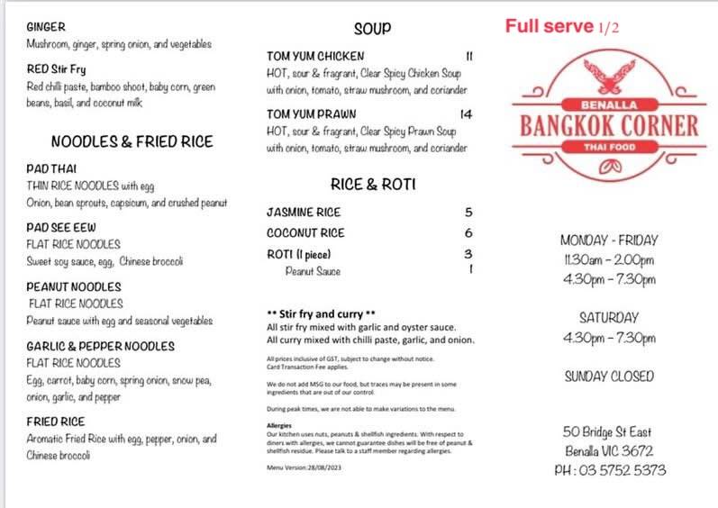 Menu at Bangkok Corner Thai Food Benalla restaurant, Benalla