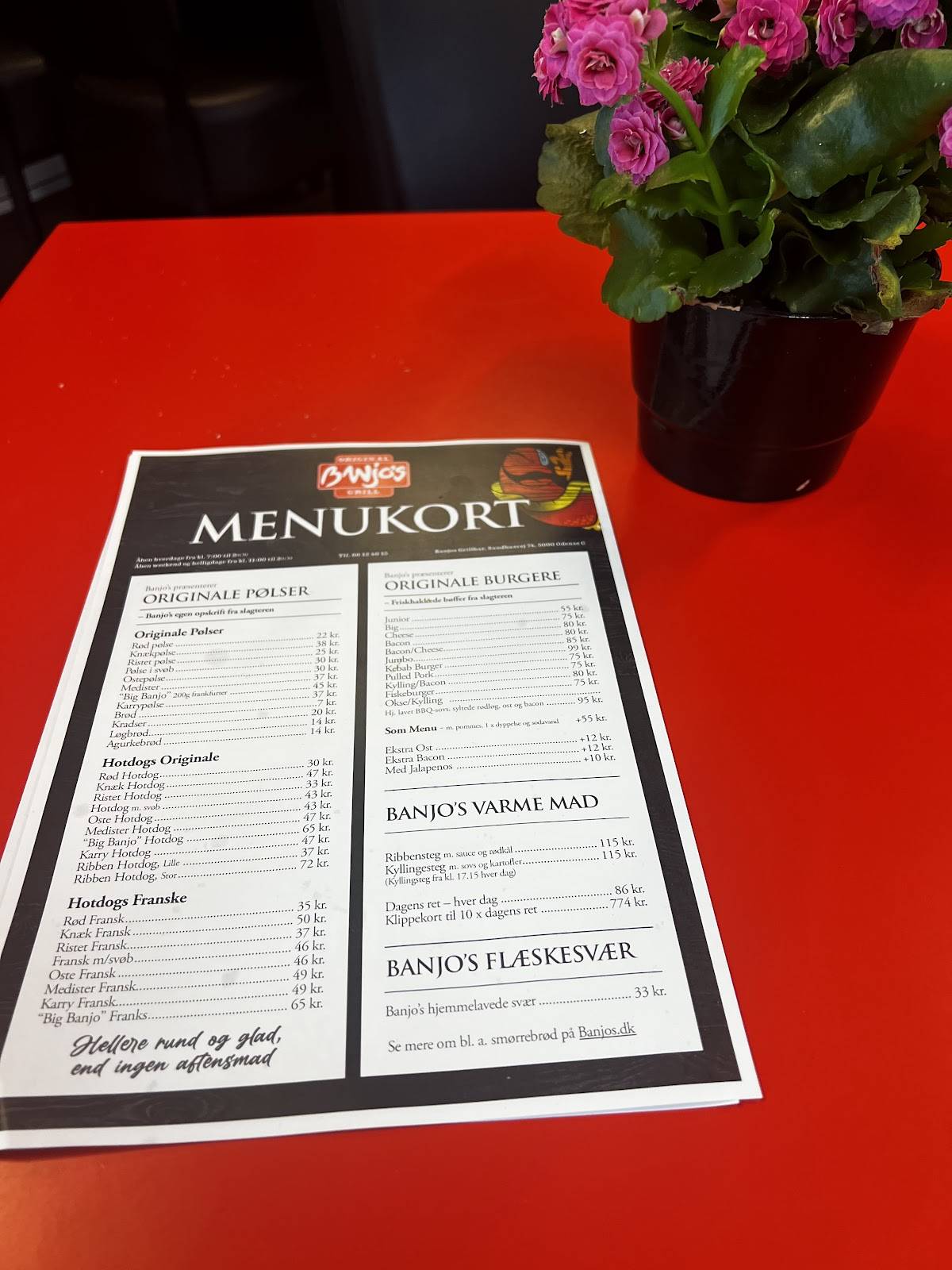 Menu at Banjo's fast food, Odense