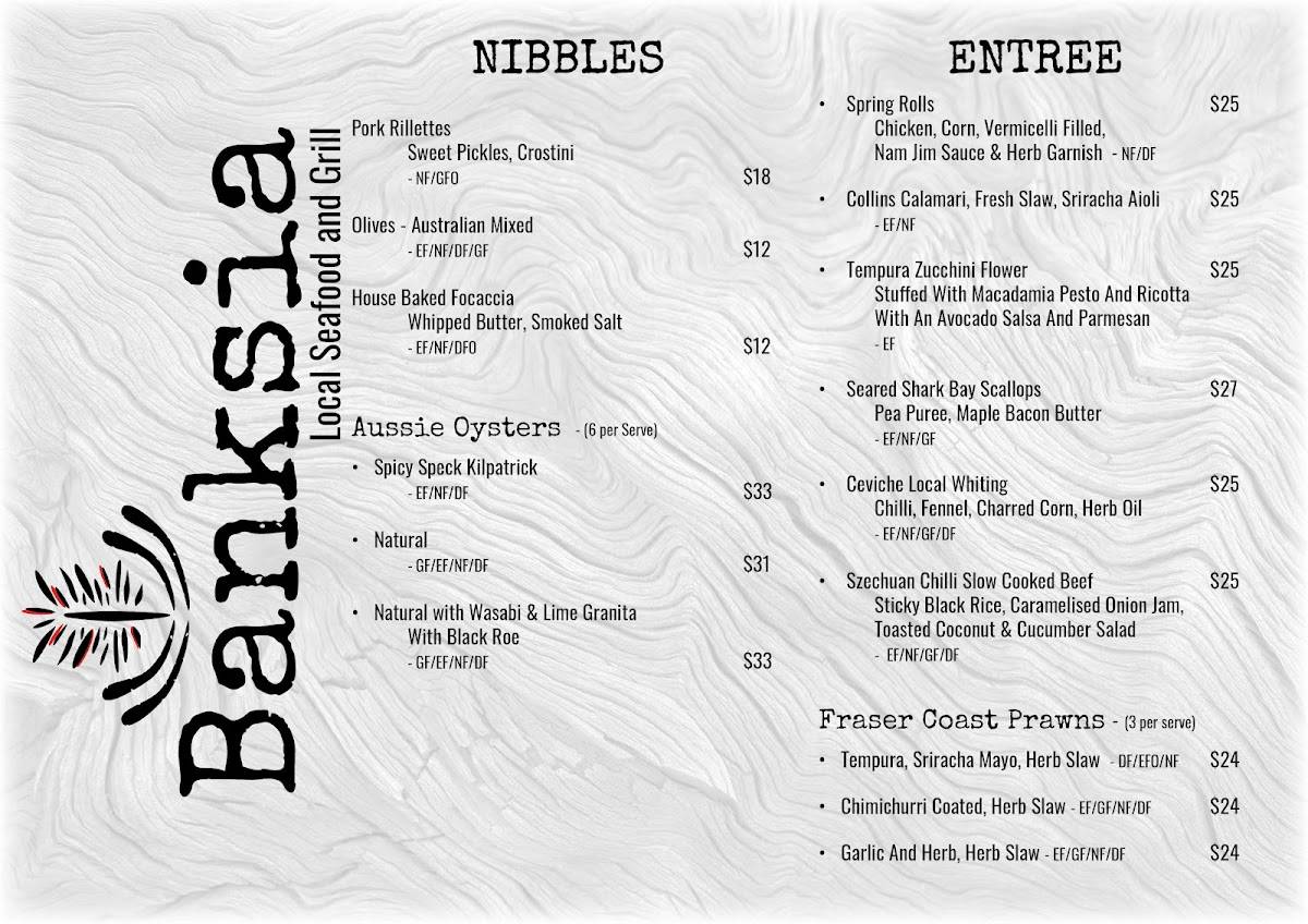 Menu at Banksia Seafood and Grill restaurant, Hervey Bay