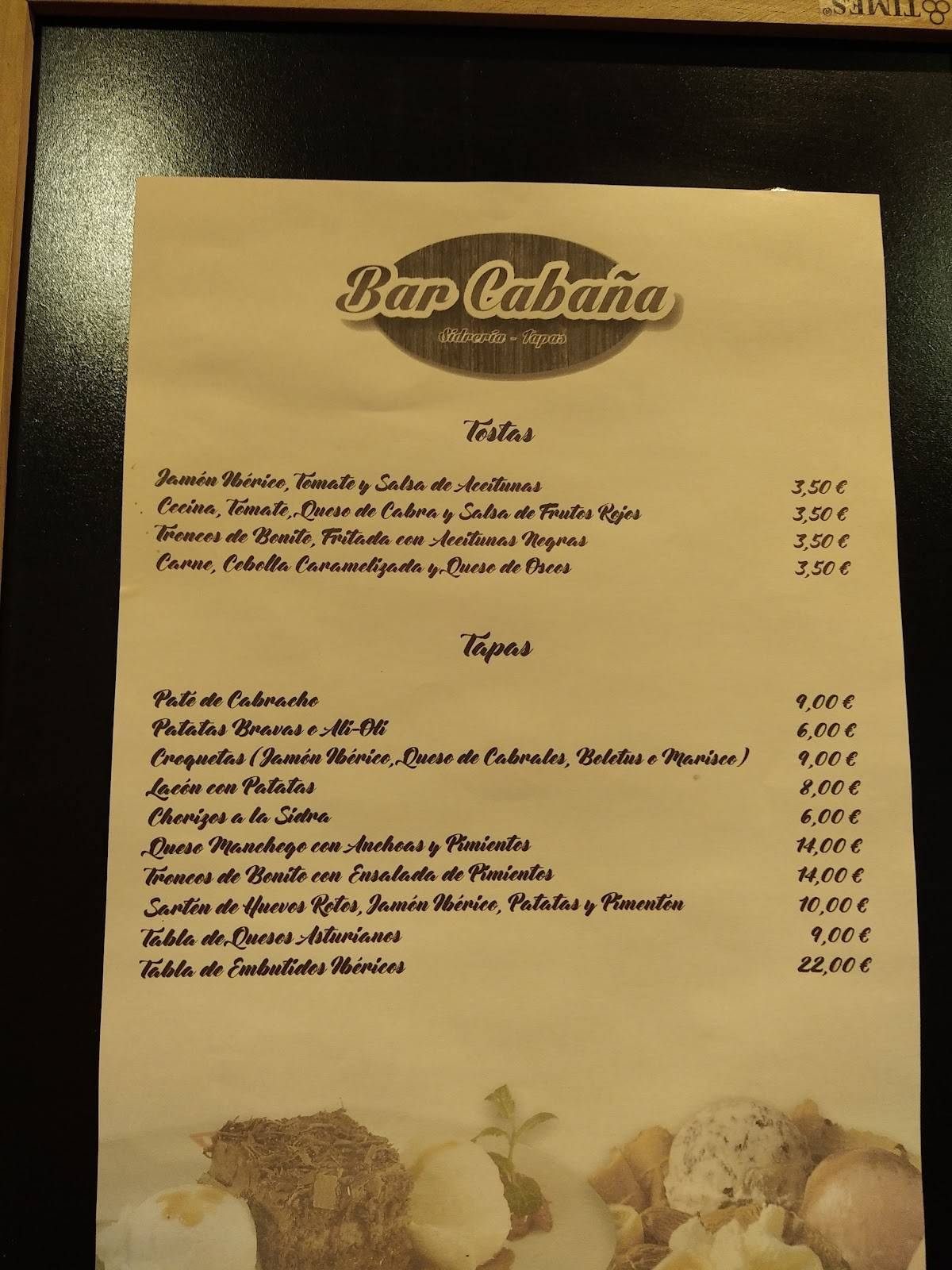 Menu at Bar Cabaña, Cabañaquinta