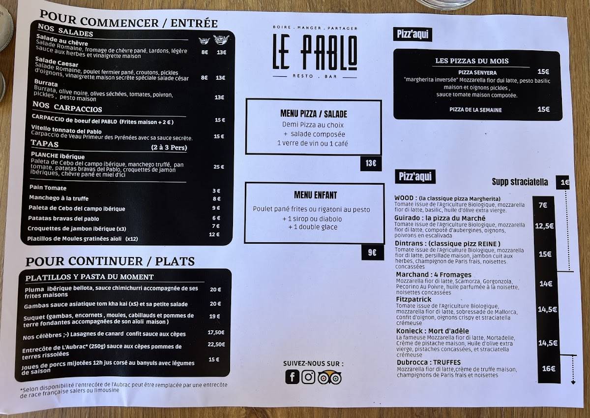 Menu au Le Pablo RestoBar Céret, Céret