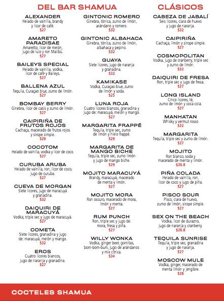 Carta de Bar Shamua, Bogotá, Av. Cra 19 #114-70