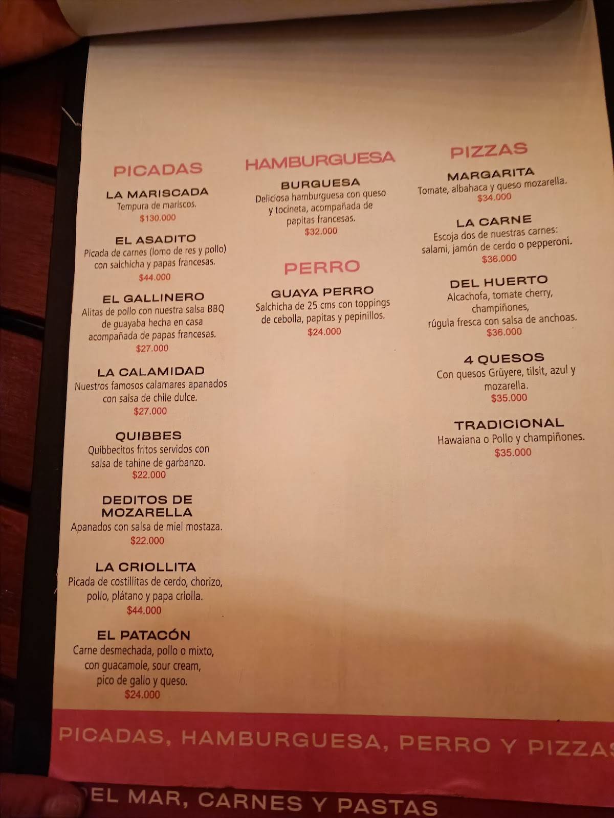 Carta de Bar Shamua, Bogotá, Av. Cra 19 #114-70