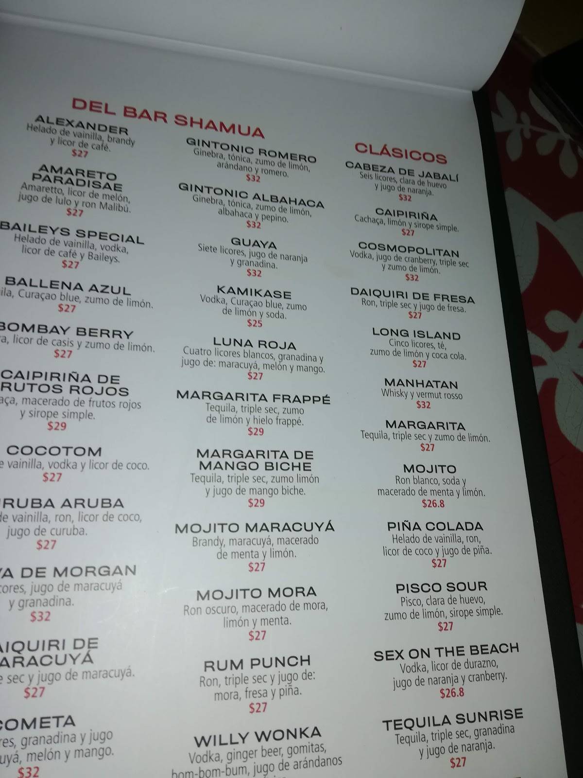 Carta de Bar Shamua, Bogotá, Av. Cra 19 #114-70