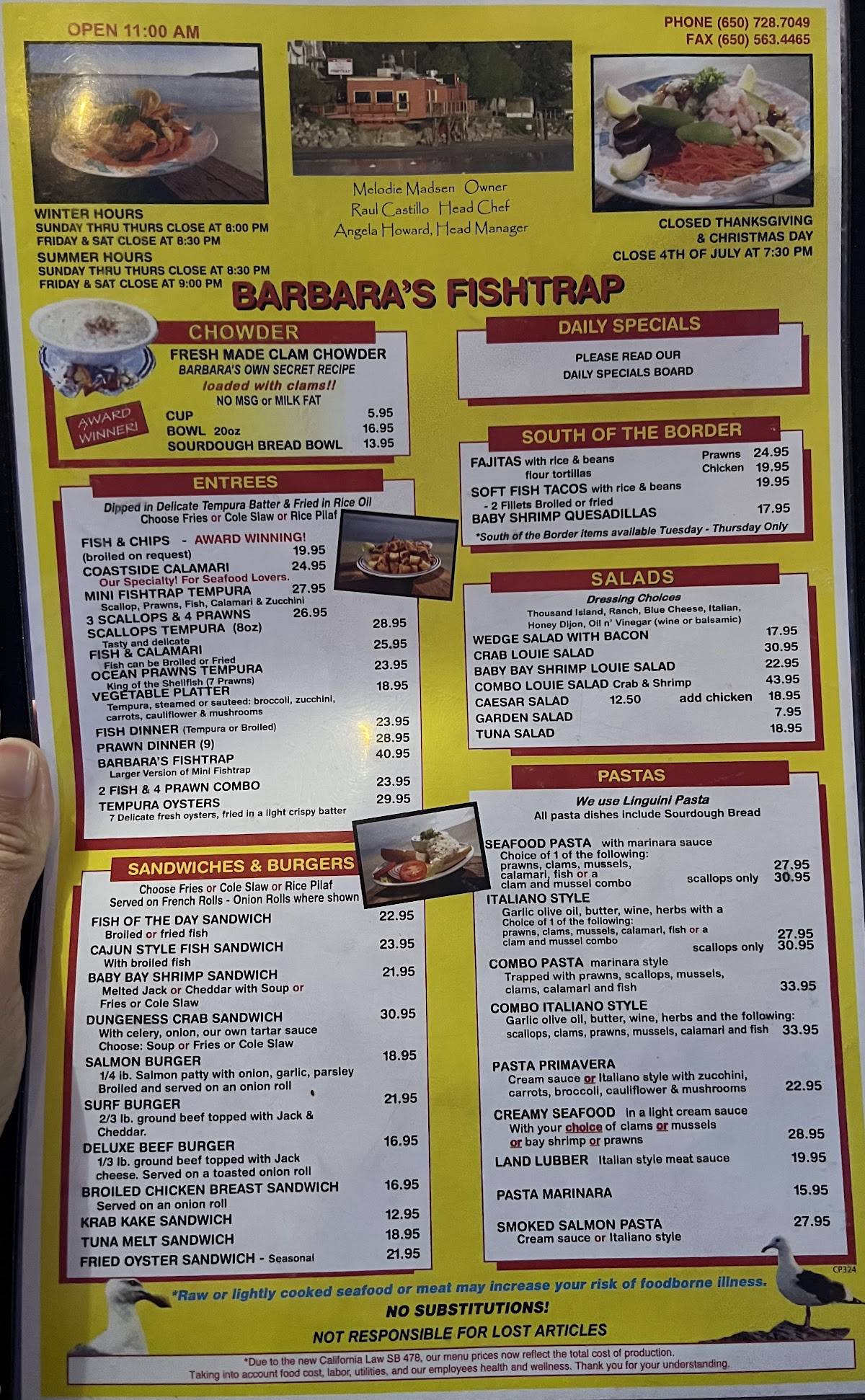 Menu at Barbara's Fishtrap, Half Moon Bay