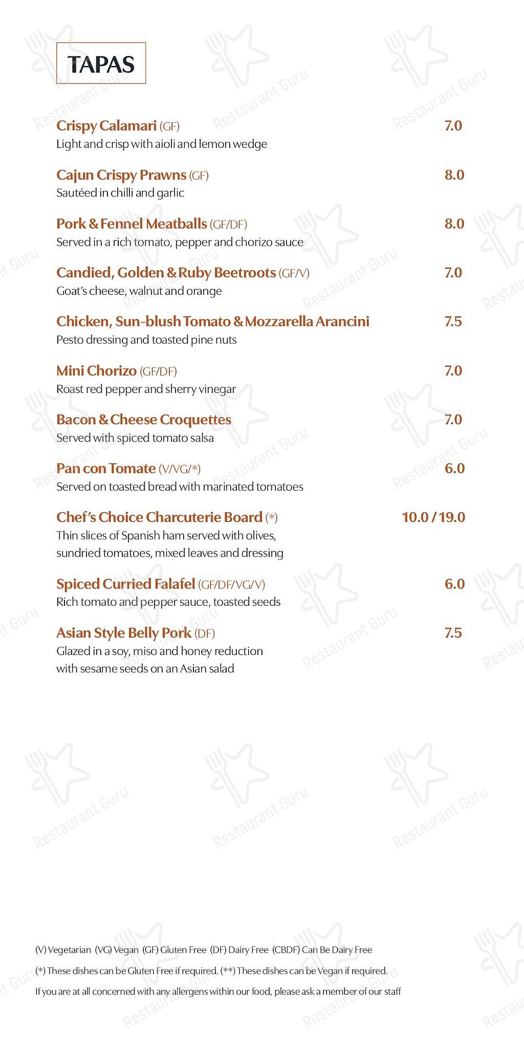 Menu at Barca Bar at Casa Hotel, Chesterfield, Lockoford Ln