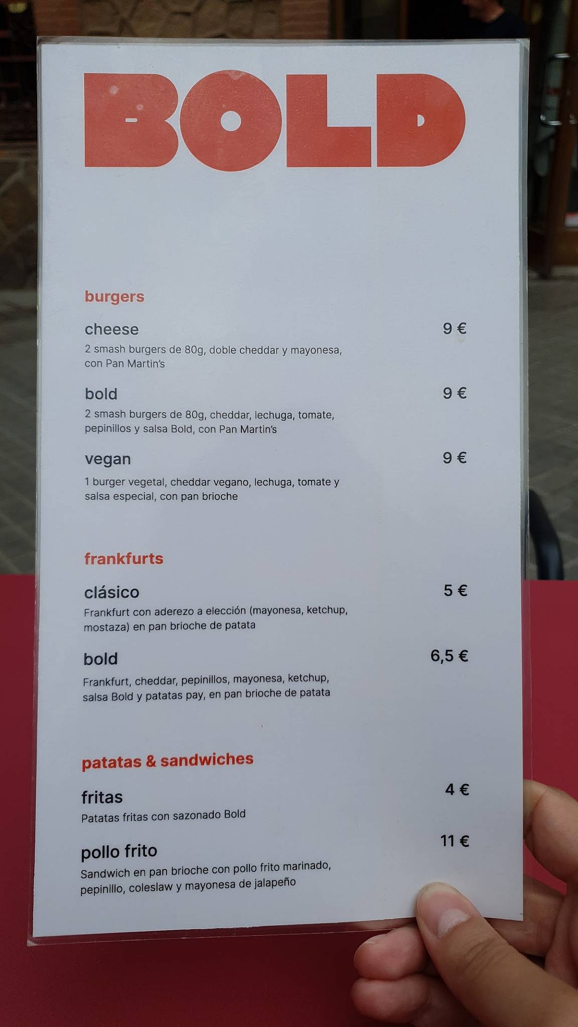 Menu at Bold restaurant, Barcelona