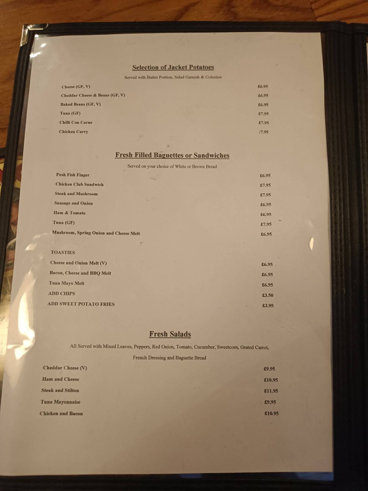 Menu at Barley Mow, Rugby