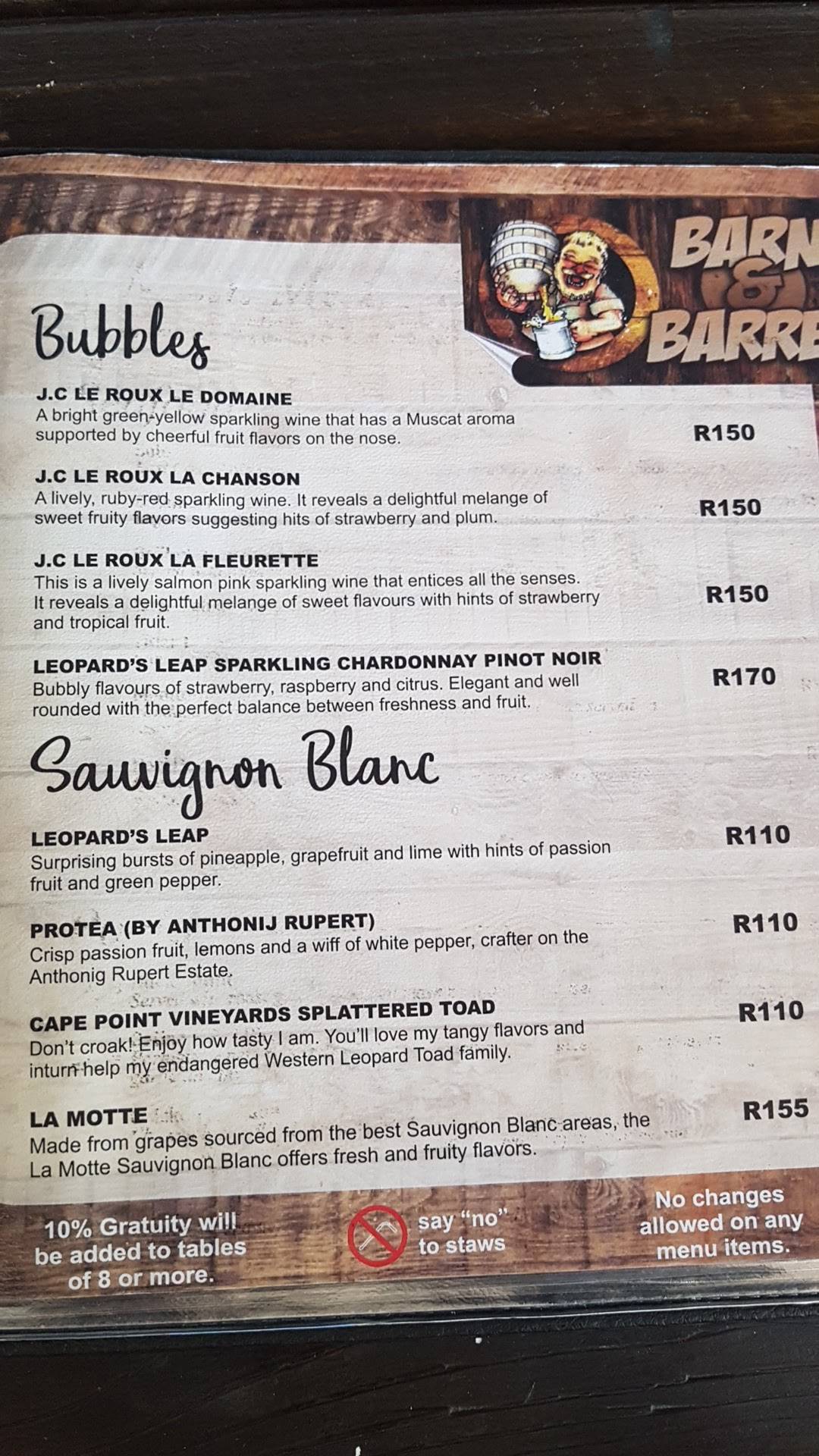 Menu at Barn & Barrel, Port Elizabeth, Kings Court Centre