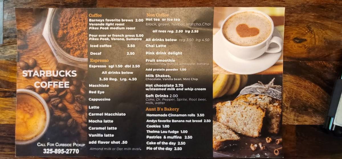 Menu at Barney's Coffee Shop, Brady