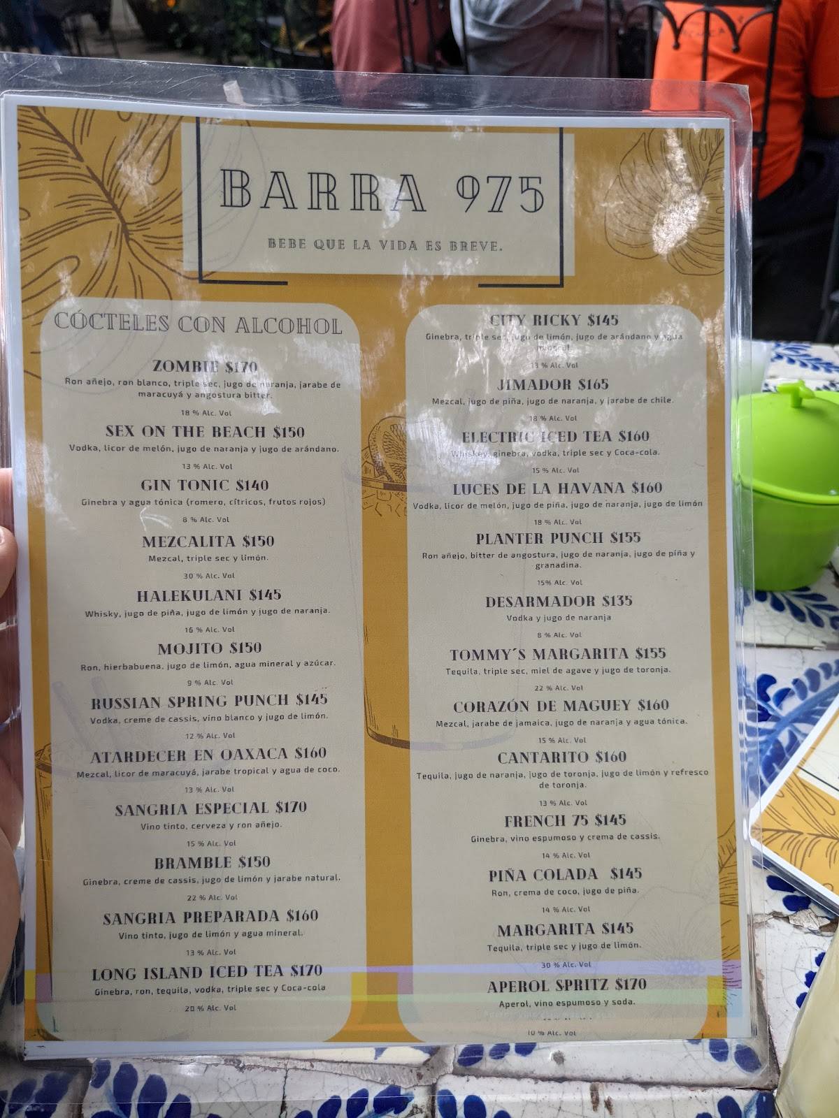 Menu at Barra 975, Mexico