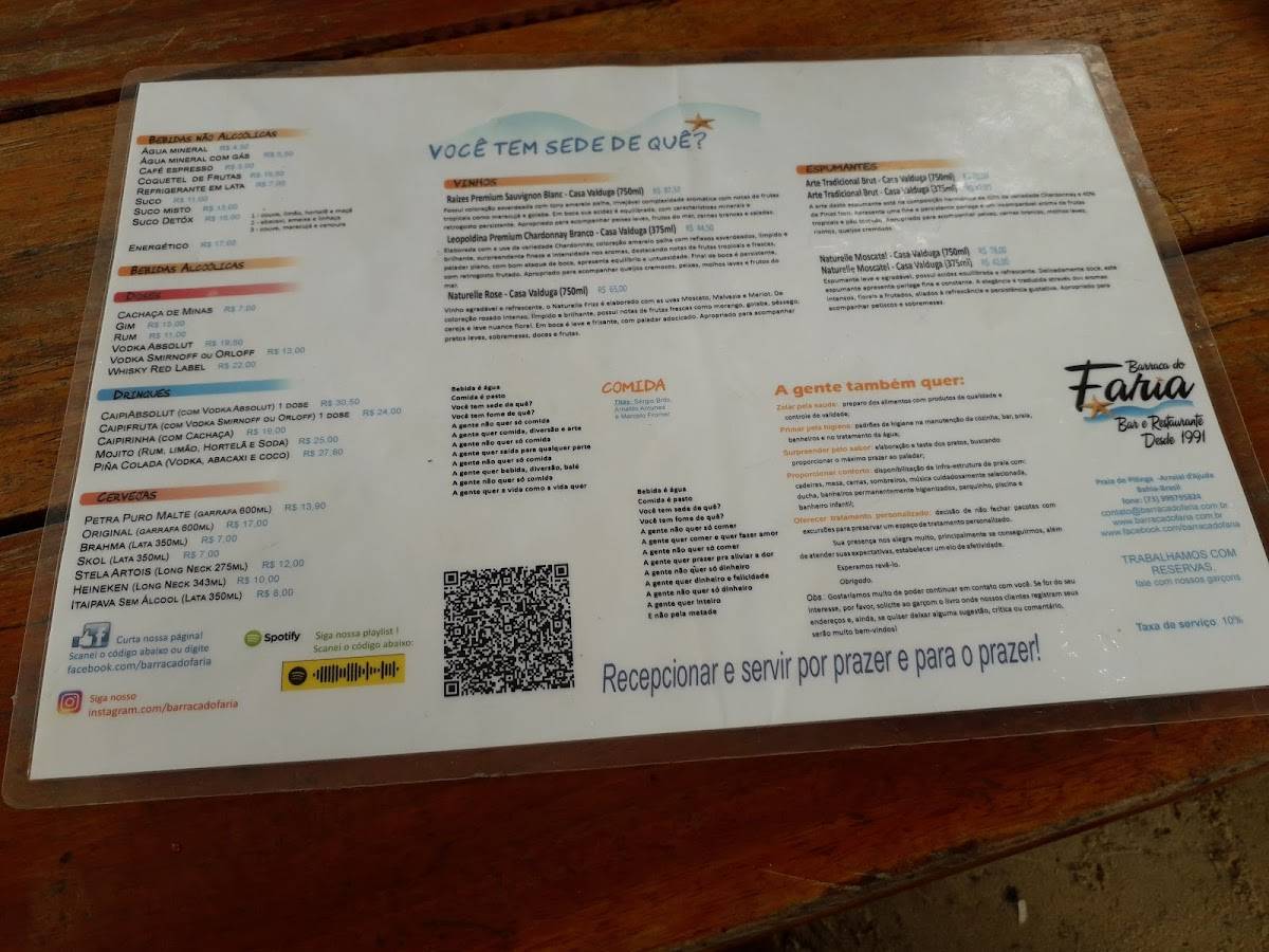 Menu em Barraca do Faria, Arraial d'Ajuda
