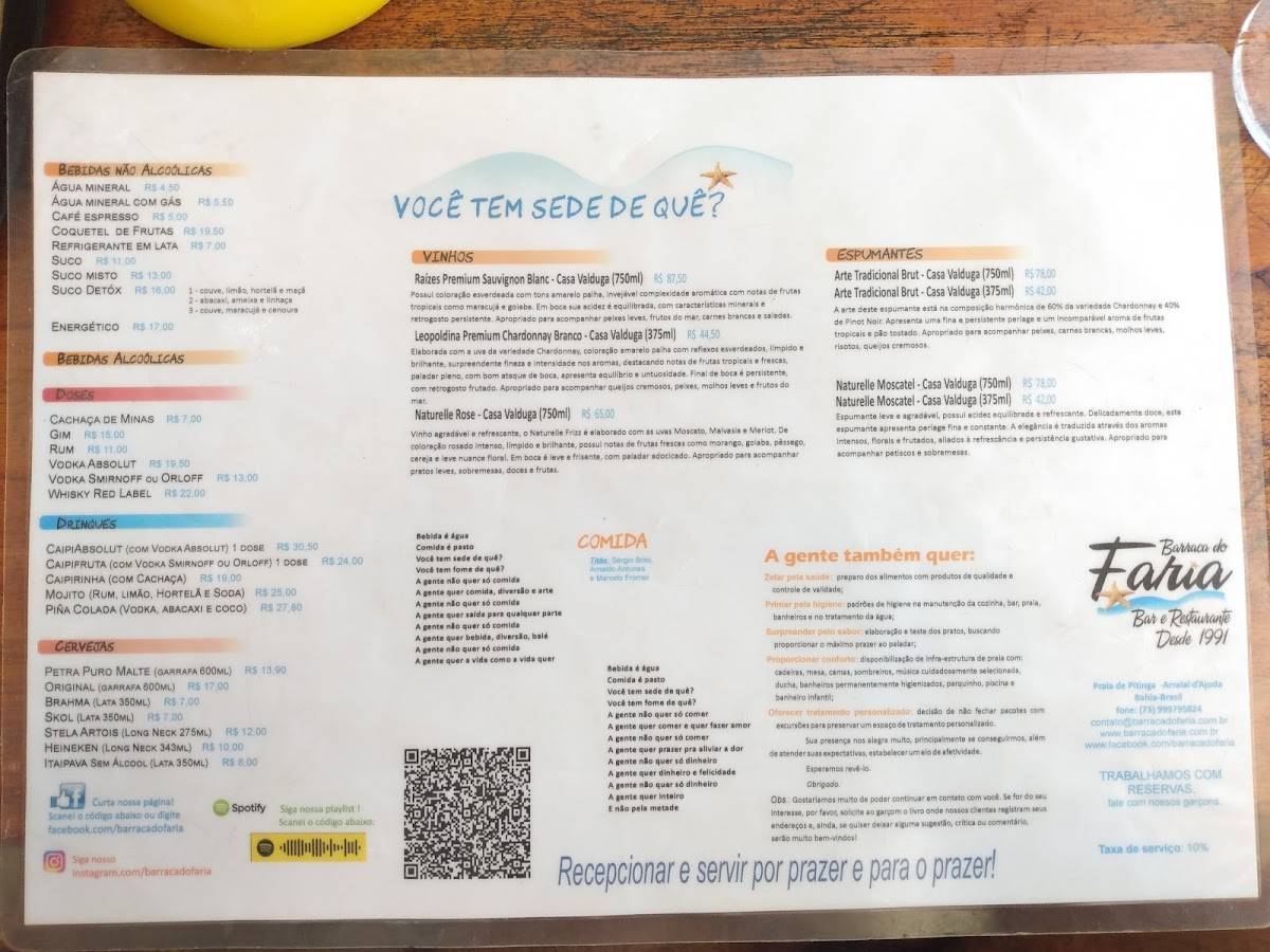 Menu em Barraca do Faria, Arraial d'Ajuda