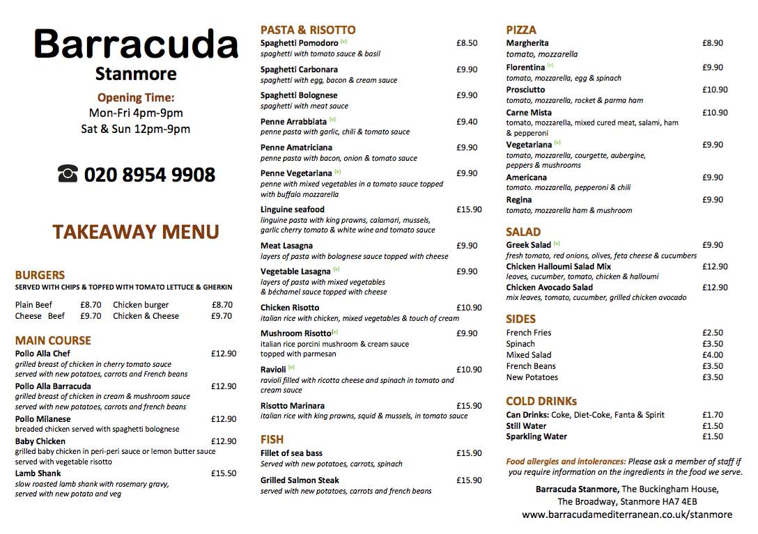 Menu at Barracuda Stanmore, Stanmore, The Buckingham House