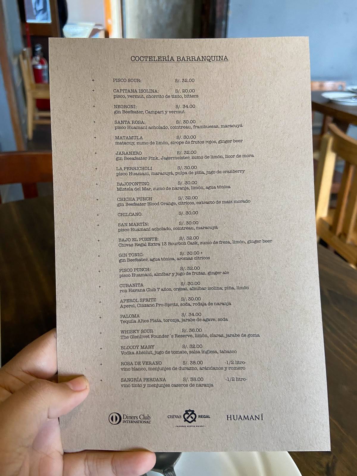 Carta del restaurante Isolina Taberna Peruana, Barranco