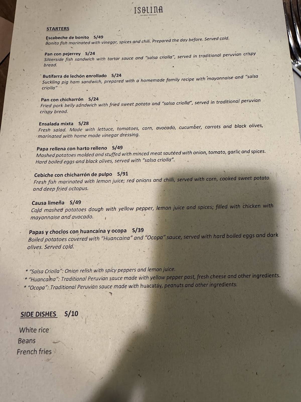 Carta del restaurante Isolina Taberna Peruana, Barranco