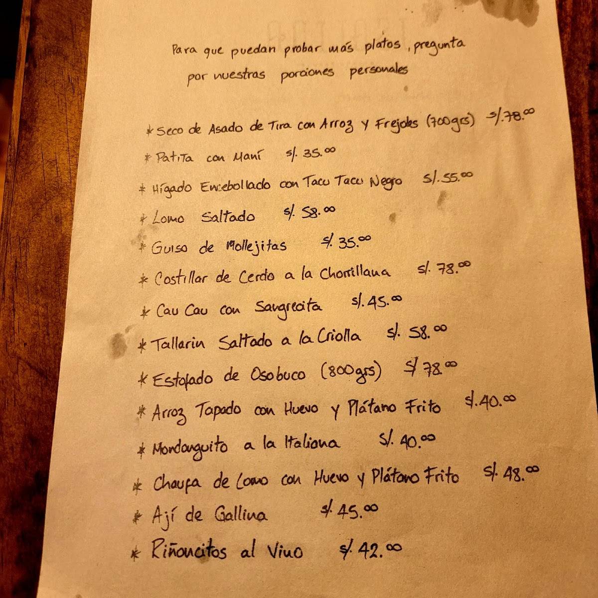 Carta del restaurante Isolina Taberna Peruana, Barranco