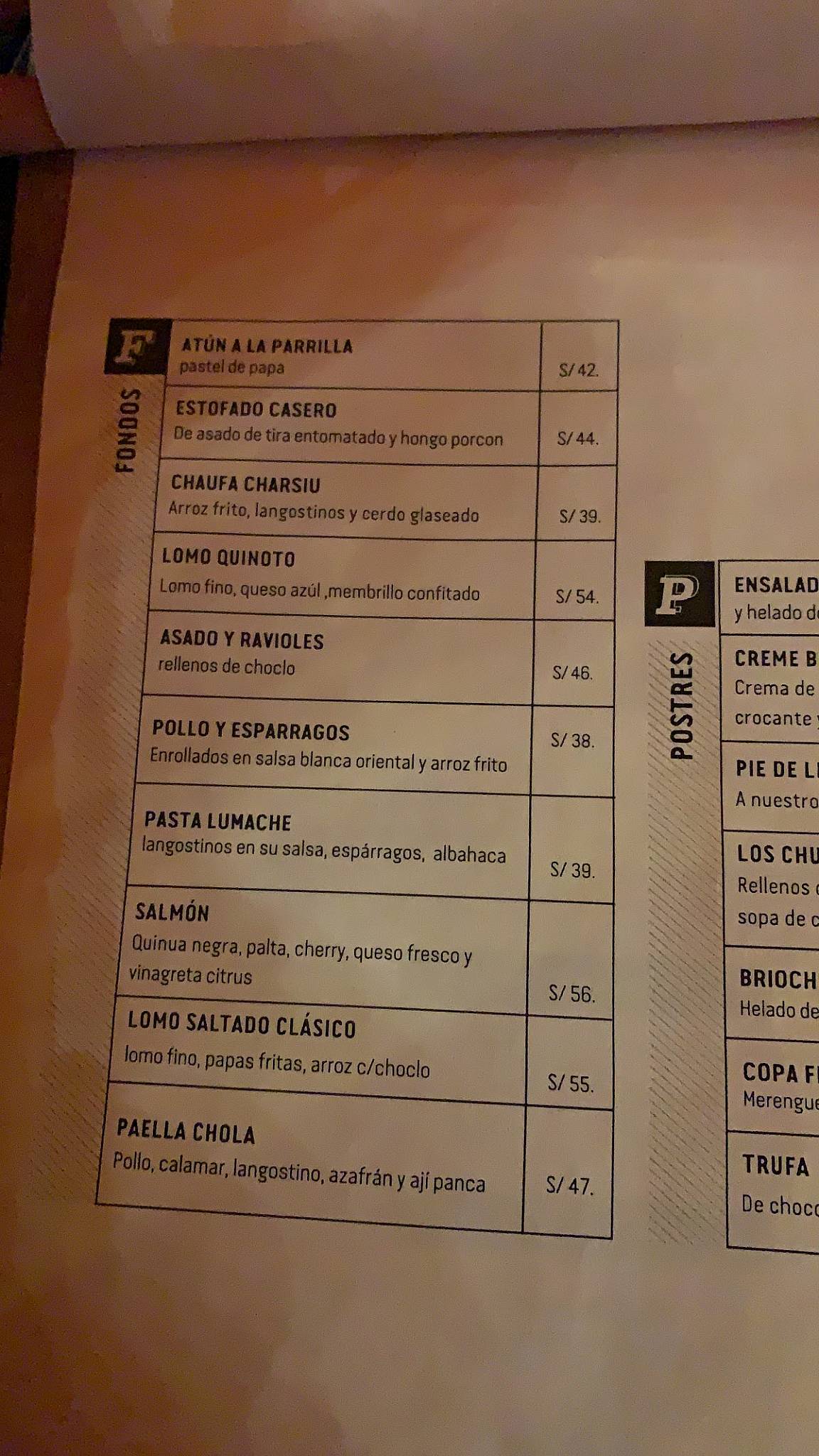 Carta del restaurante La 73, Barranco