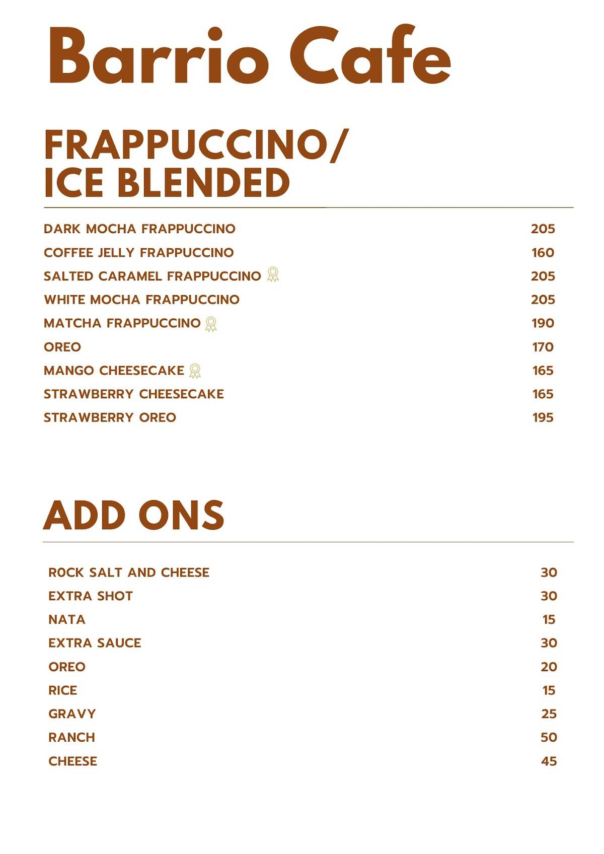 Menu at Barrio Café Calamba, Calamba