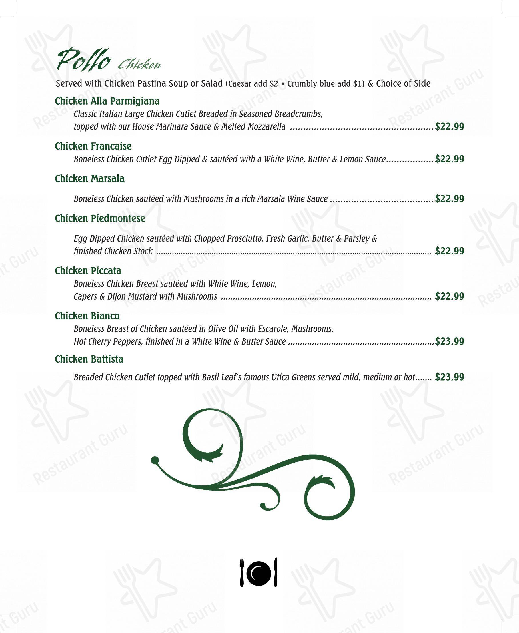 Menu at Basil Leaf restaurant, Syracuse