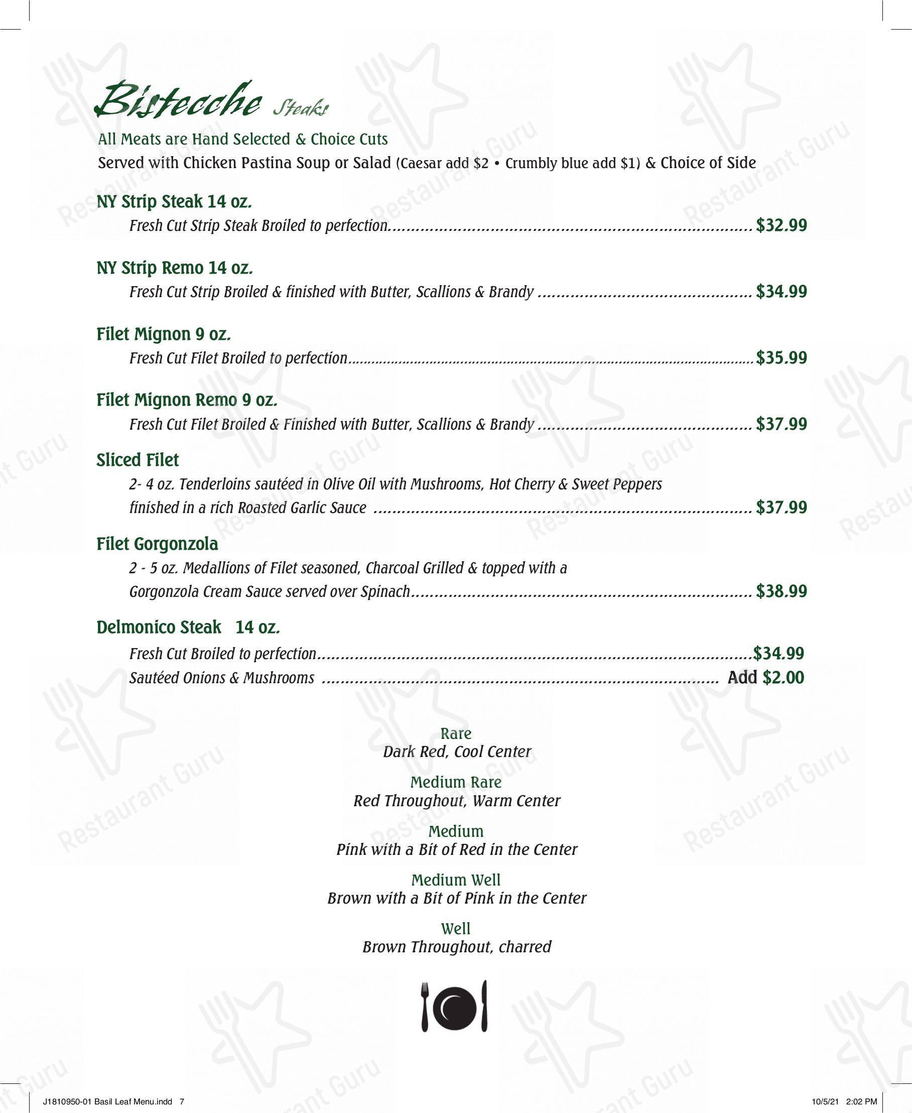 Menu at Basil Leaf restaurant, North Syracuse
