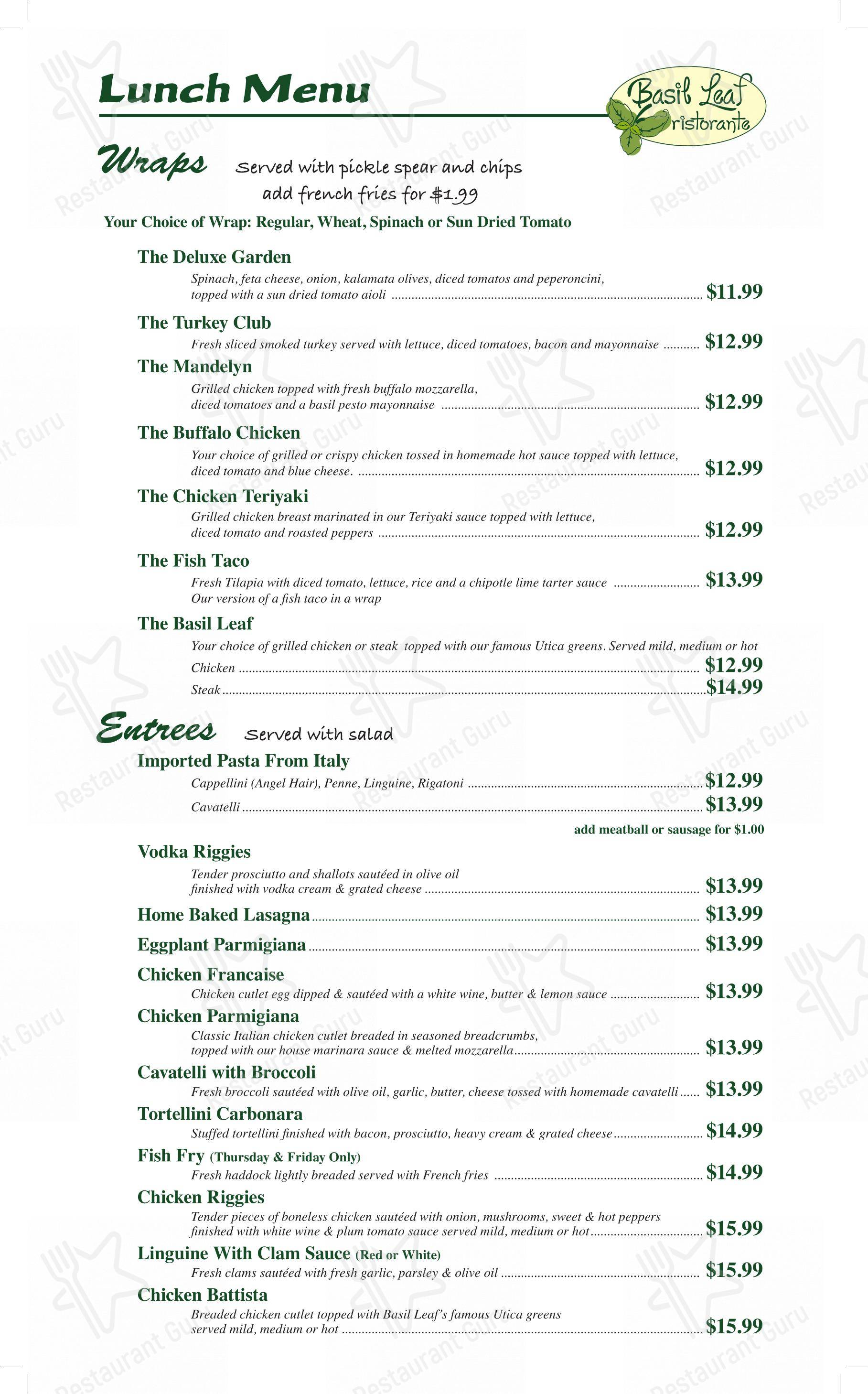 Menu at Basil Leaf restaurant, Syracuse