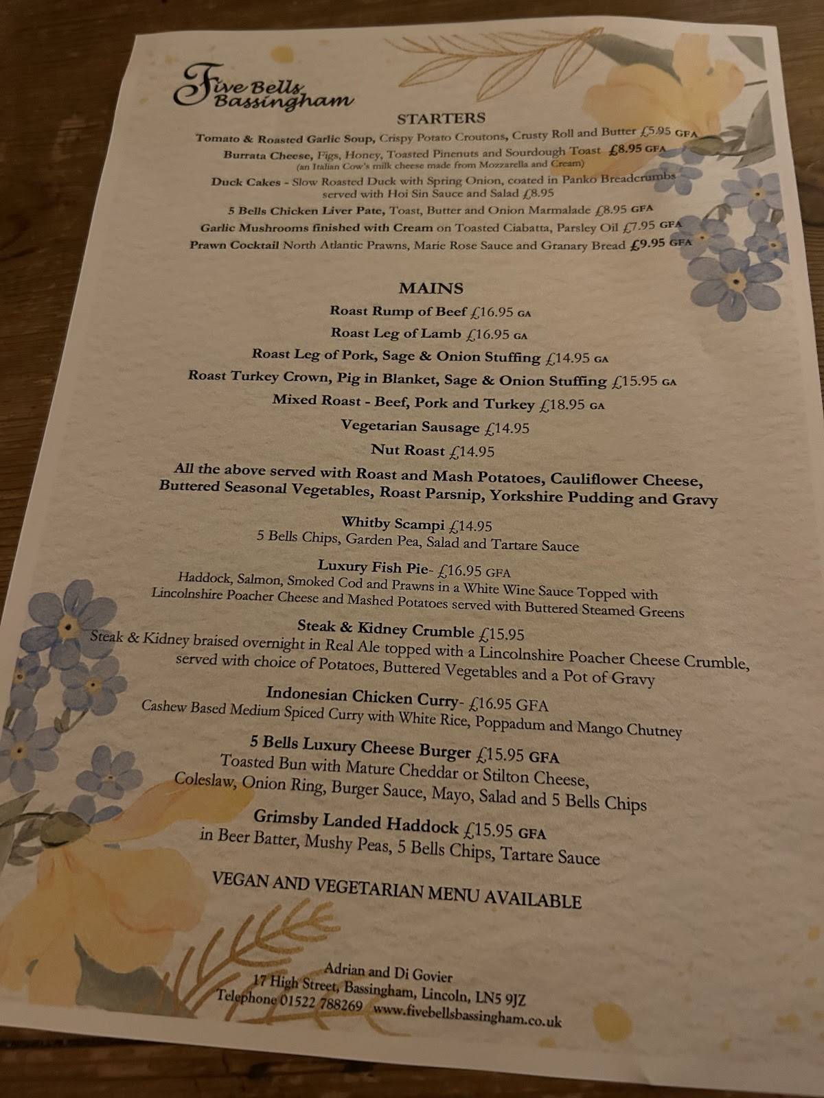 Menu at The Five Bells pub & bar, Bassingham