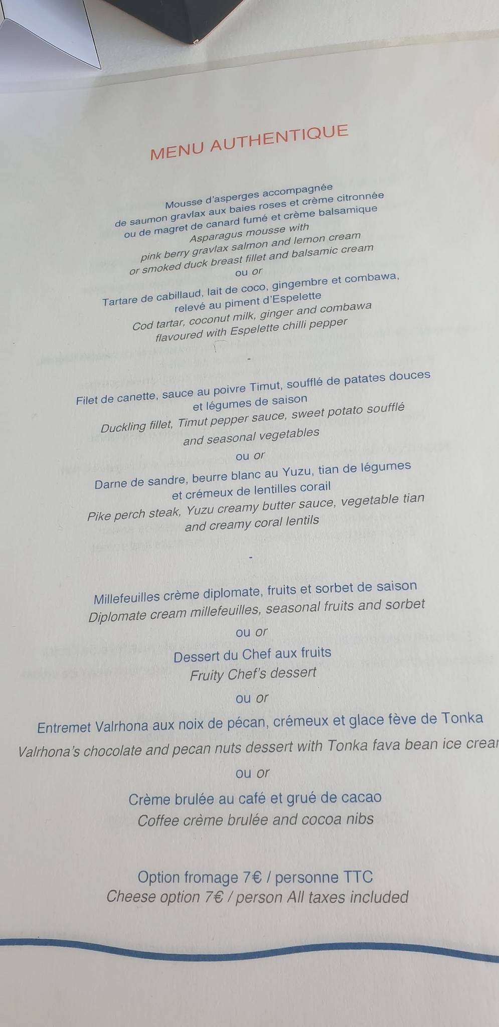Menu au Bateau restaurant Hermès II, Lyon