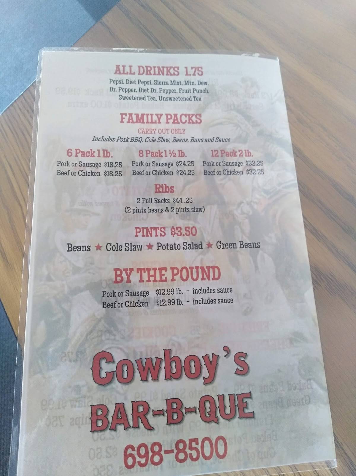 Menu at Cowboy's Barbecue, Batesville