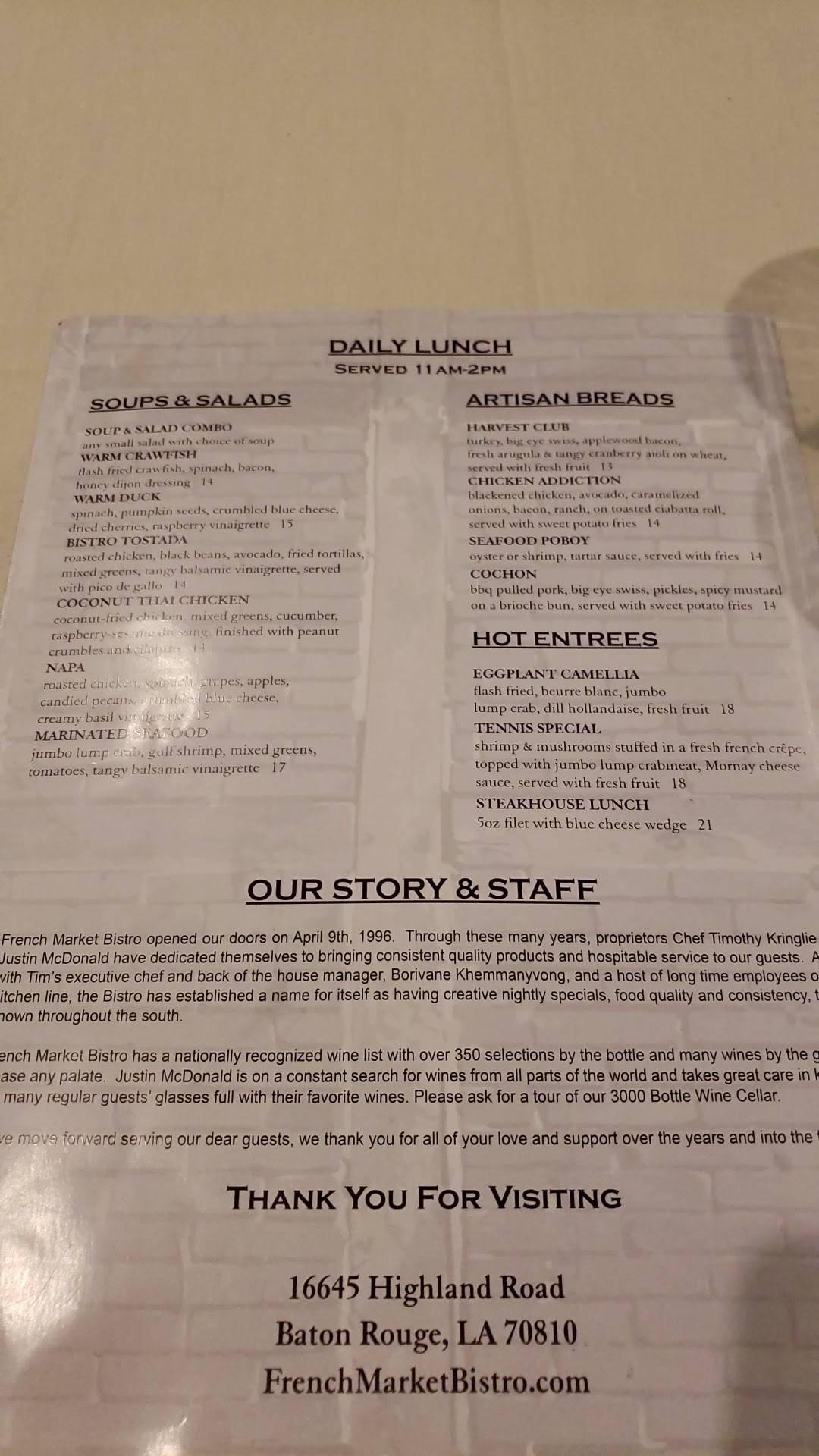 Menu at French Market Bistro pub & bar, Baton Rouge, Highland Rd