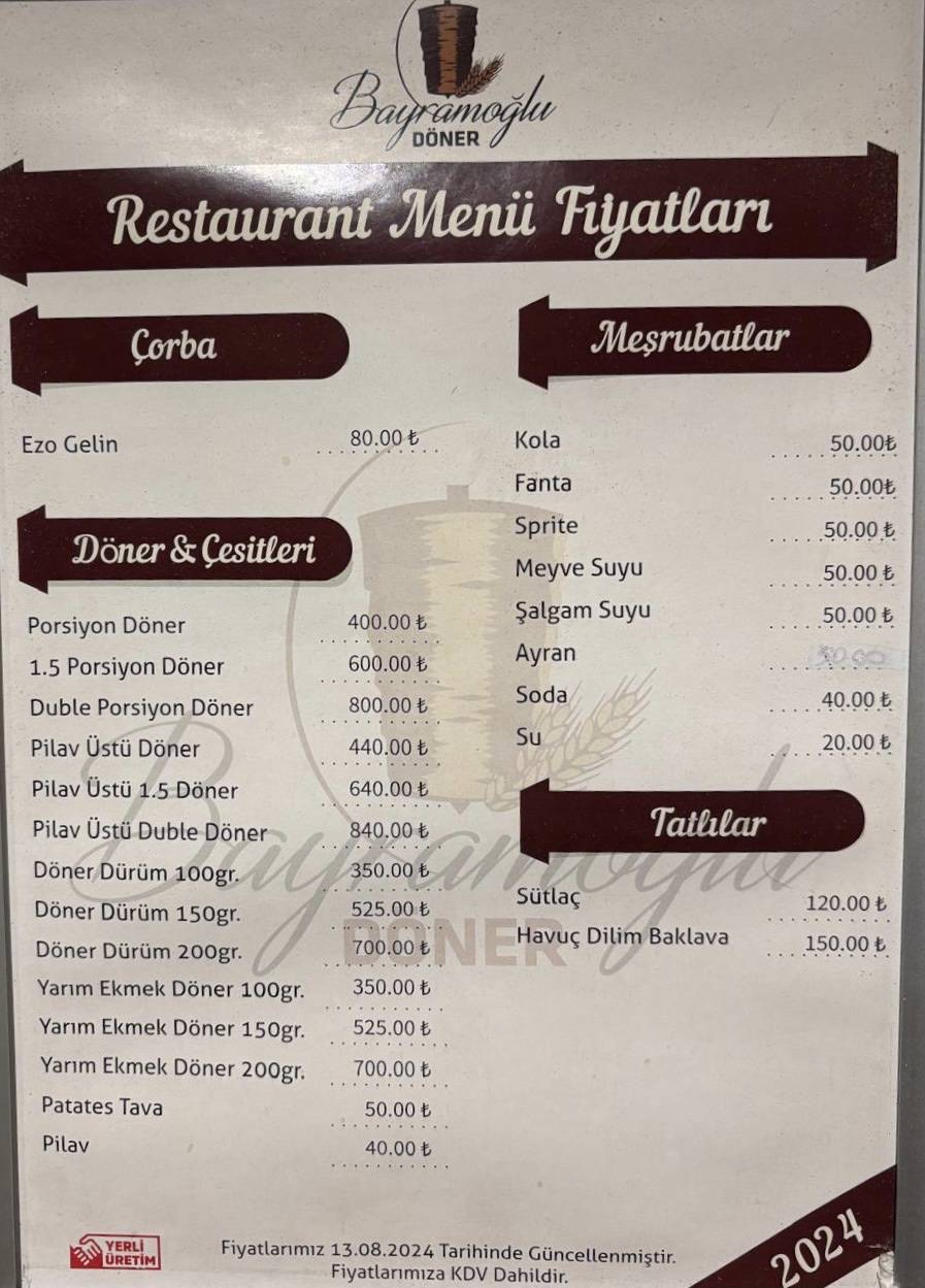 Menu at Bayramoğlu Döner, Istanbul, Cumhuriyet Cd. No:2