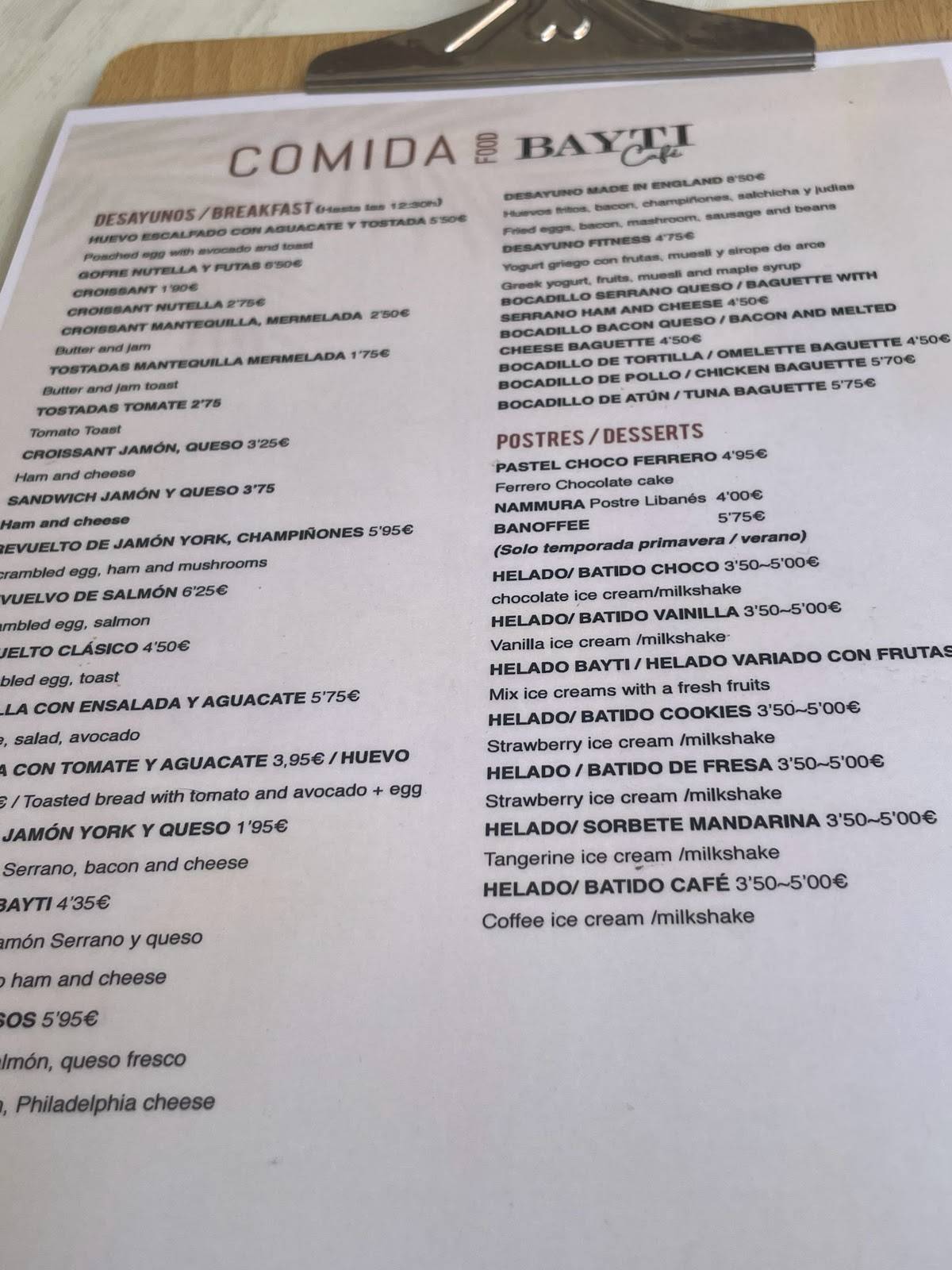 Carta de Bayti café, Palmanova