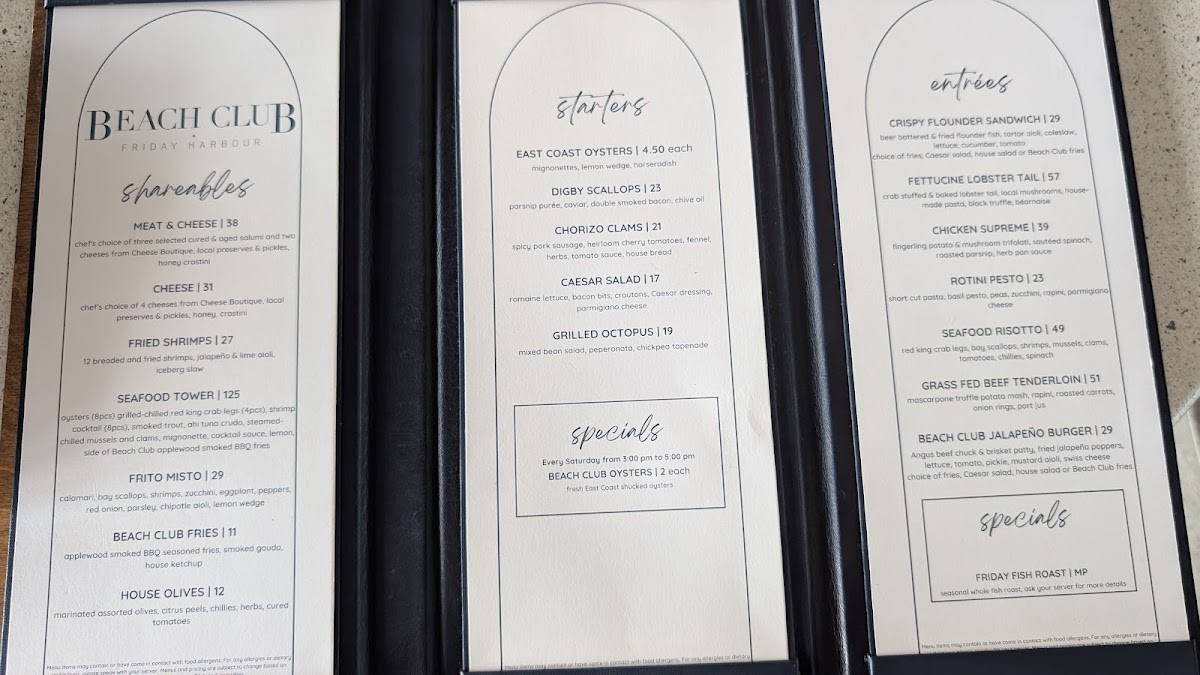 Menu at Beach Club Restaurant at Friday Harbour, Innisfil
