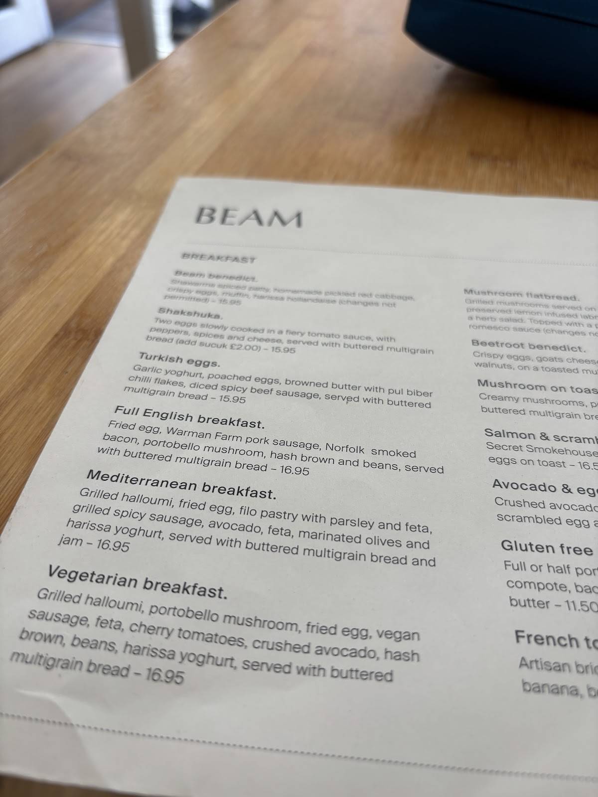 Menu at Beam cafe, London, 39-41 Topsfield Rd