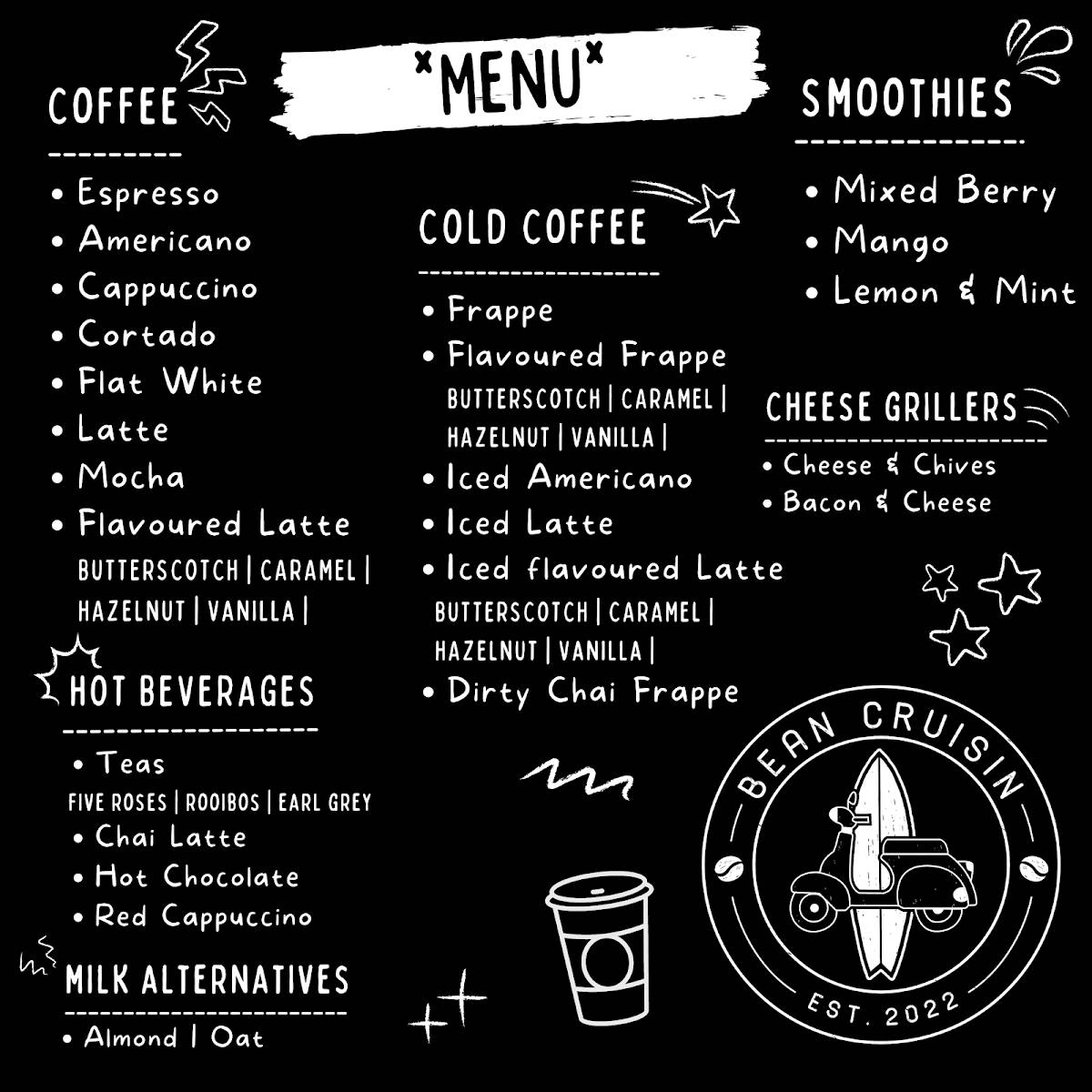 Menu at Bean Cruisin, Durban