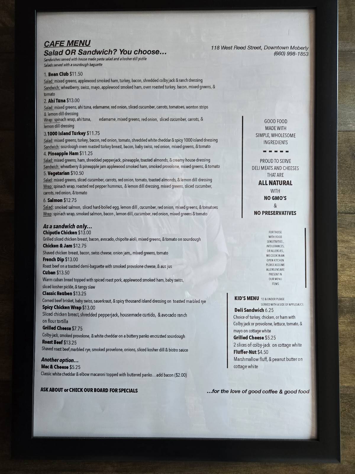 Menu at Bean cafe, Moberly