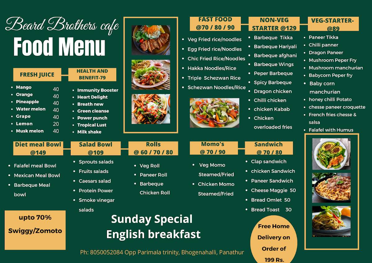 Menu at Beard brother's cafe, Bengaluru