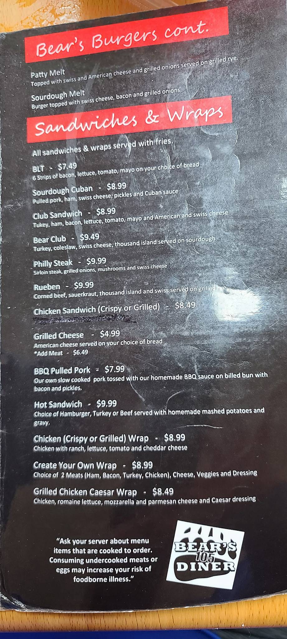 Menu at Bear’s 105 Diner restaurant, Perry
