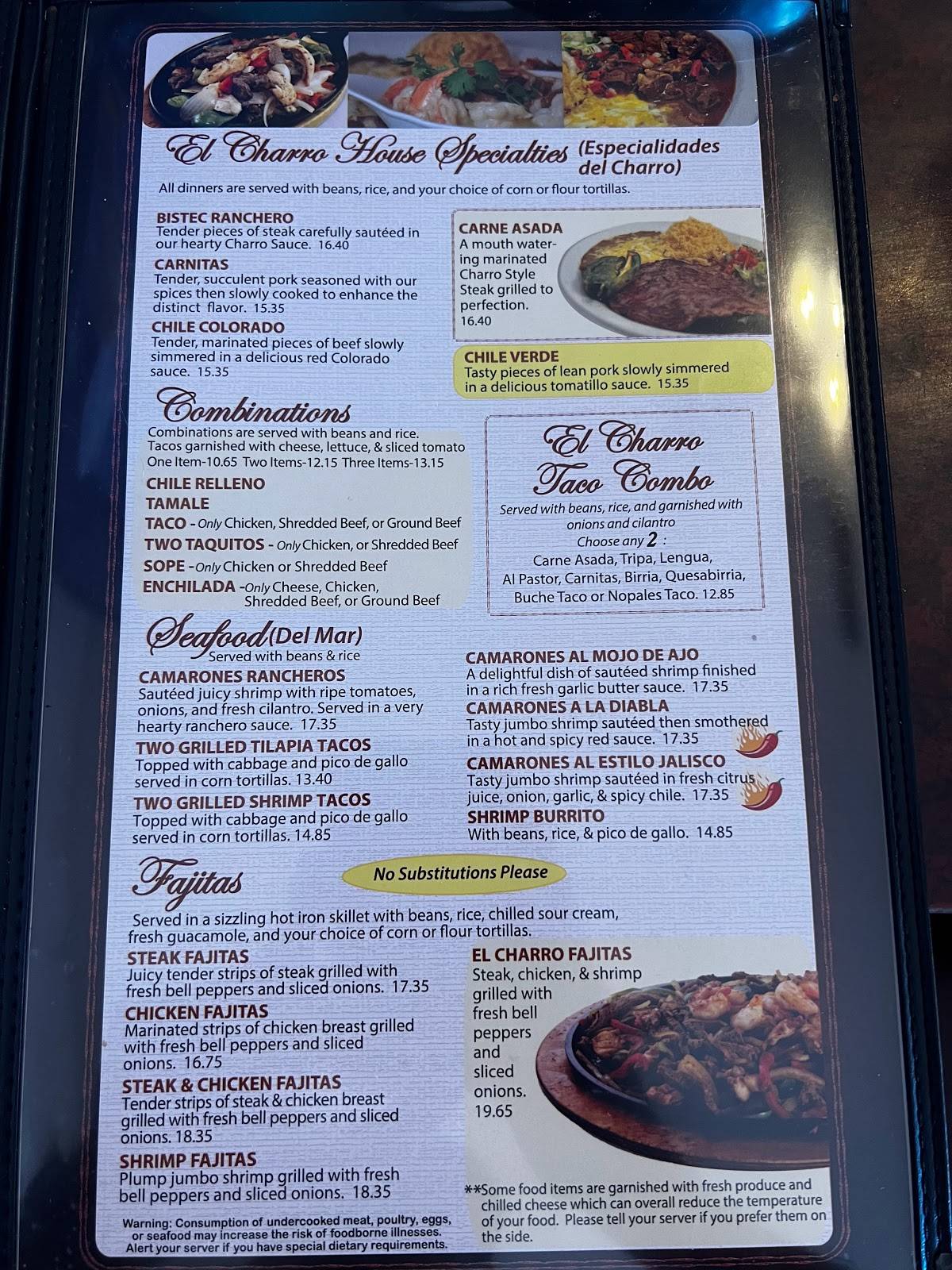 Menu at El Charro Authentic Mexican restaurant, Cherry Valley