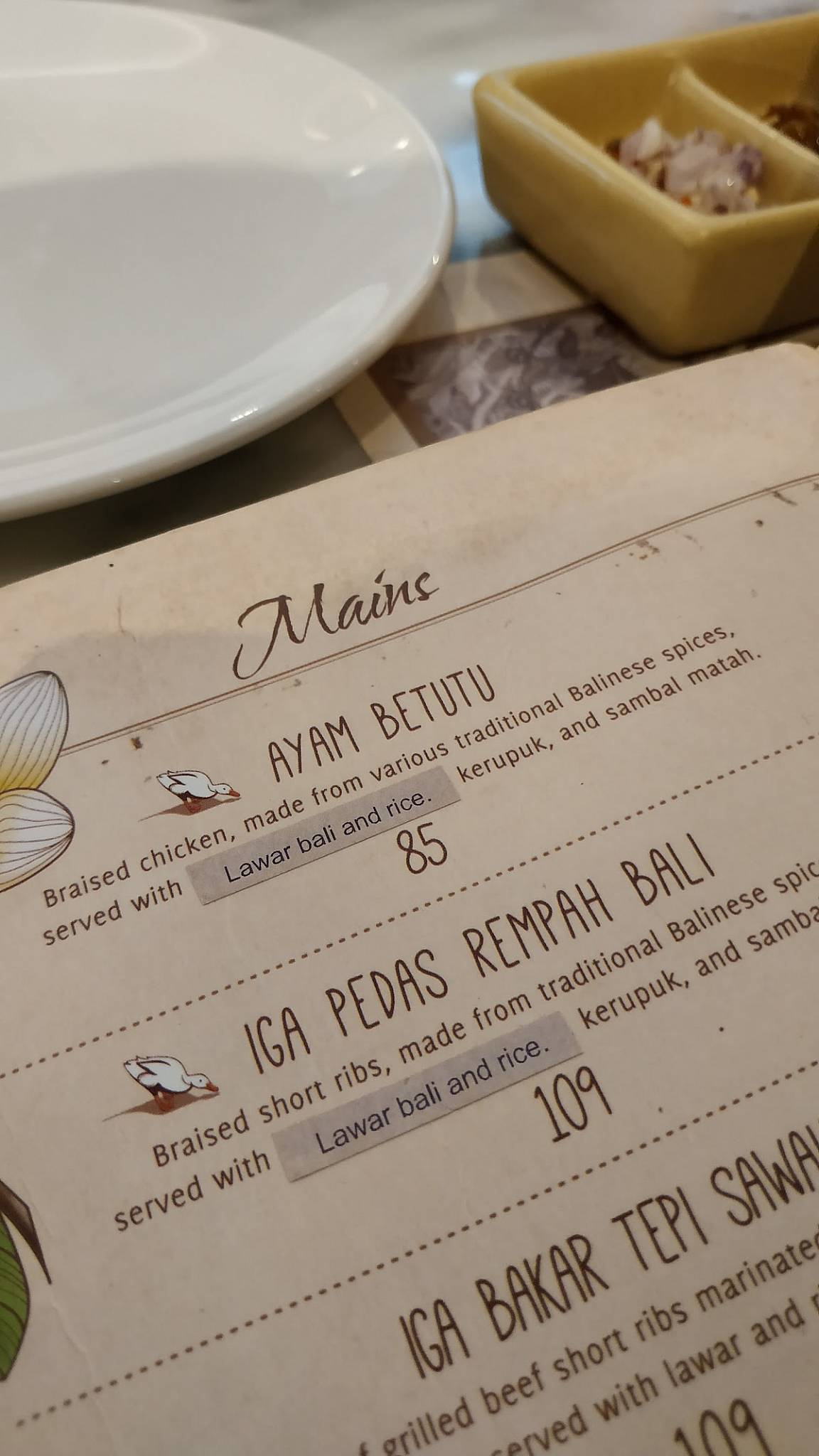Menu at Bebek Tepi Sawah restaurant, Central Jakarta, 10