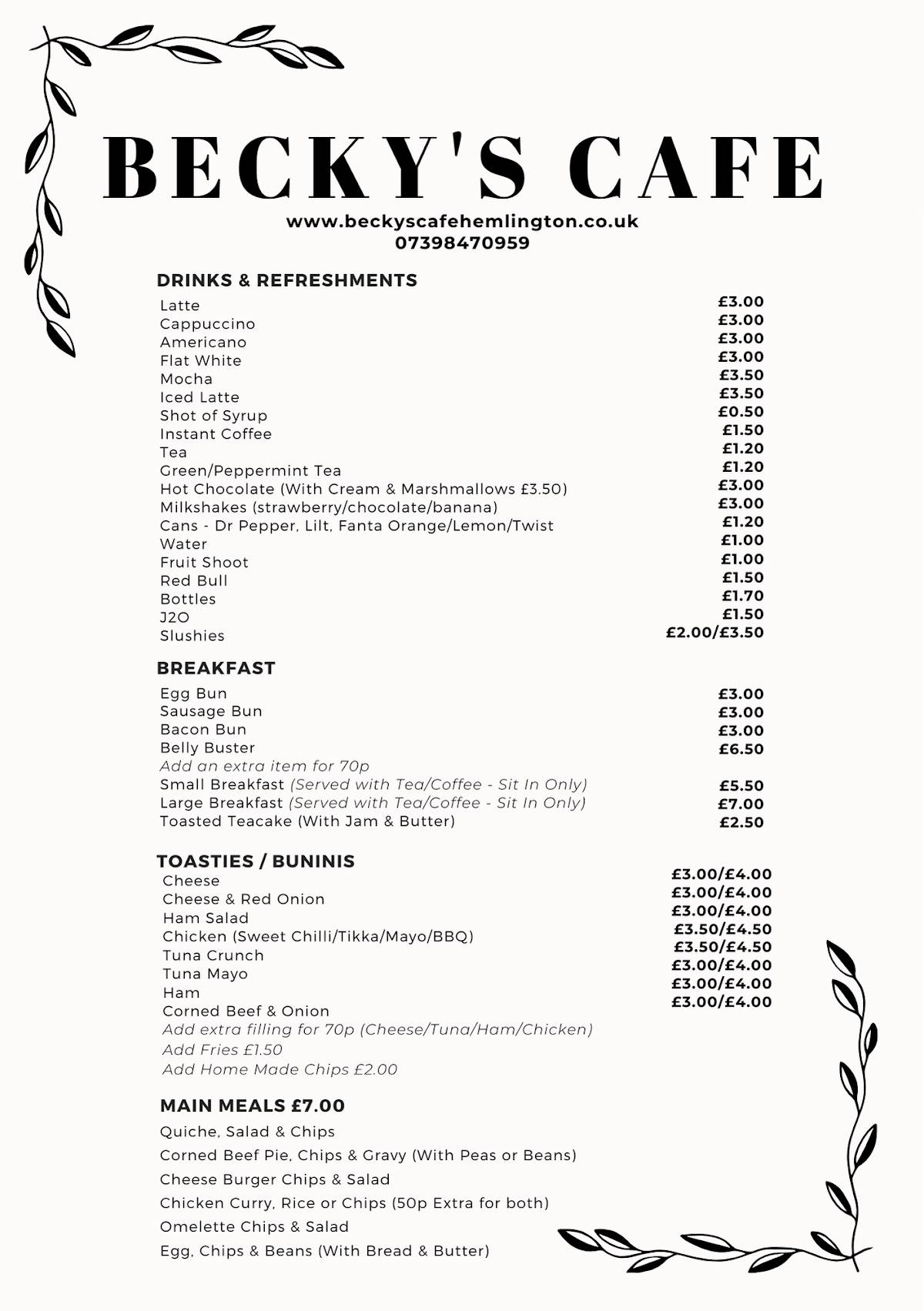 Menu at Becky's Cafe Hemlington, Middlesbrough