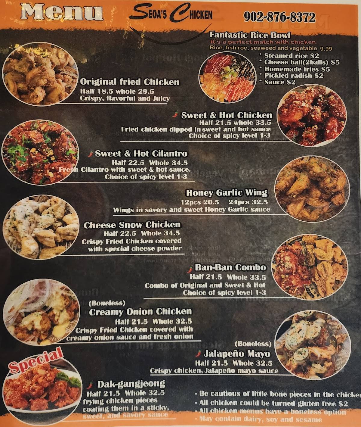 Menu au Seoa's Chicken restaurant, Bedford