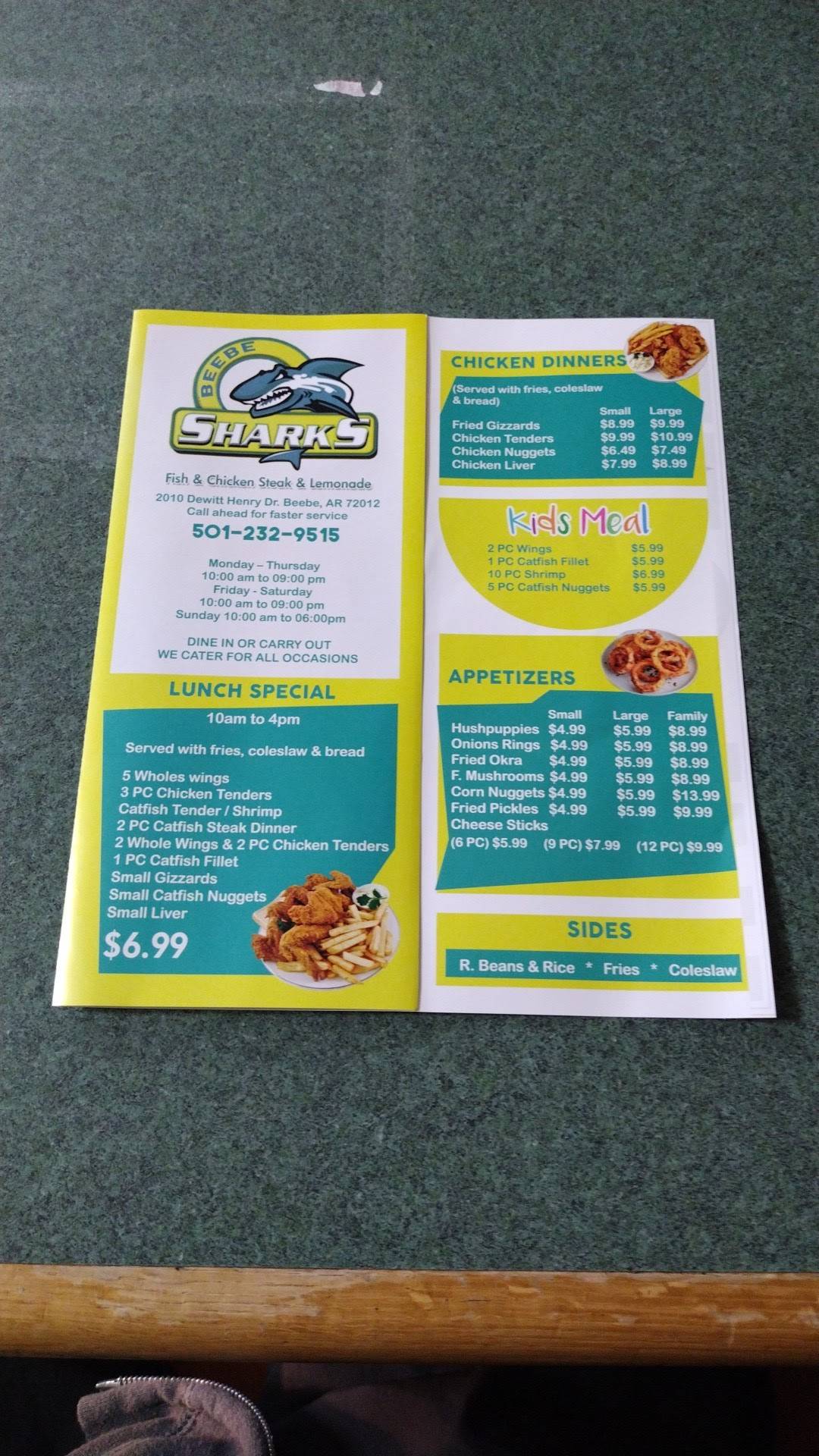 Menu at Sharks Fish & Chicken restaurant, Beebe